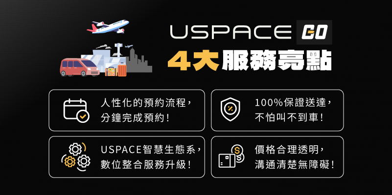 7/26-8/31搭乘USPACE GO機場接送「每趟都送」300元USPACE優惠券+600元UDRIVE優惠券！ - USPACE